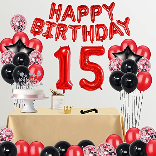 Fancypartyshop 15TH Birthday Party Decorations Supplies Red Black Later Balloons Happy Birthday Cake Topper Sash Foil Black Curtains Foil Star Balloons Number Red 15