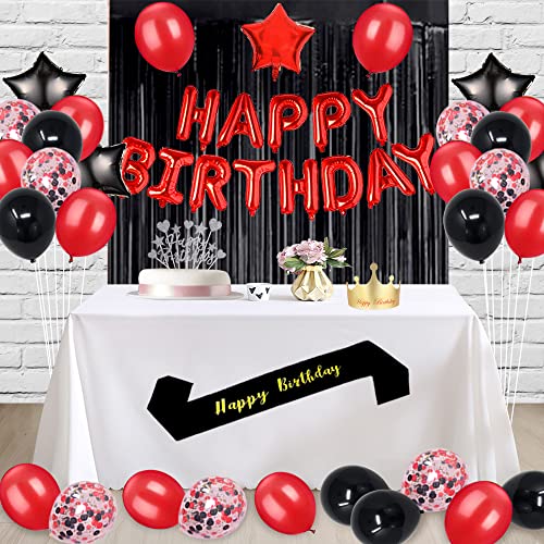 Fancypartyshop 15TH Birthday Party Decorations Supplies Red Black Later Balloons Happy Birthday Cake Topper Sash Foil Black Curtains Foil Star Balloons Number Red 15