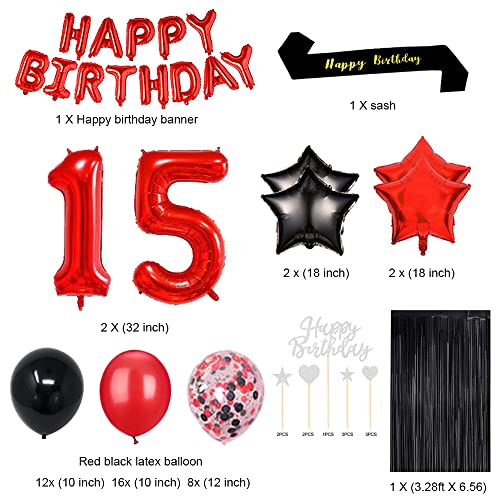 Fancypartyshop 15TH Birthday Party Decorations Supplies Red Black Later Balloons Happy Birthday Cake Topper Sash Foil Black Curtains Foil Star Balloons Number Red 15