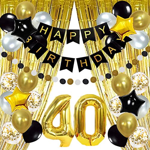 40th Black Gold Party Decoration, Happy Birthday Banner, Foil Fringe Curtains Number 40 Foil Balloon, Paper Dots Garland, Star Foil Balloons for Men Women Birthday Party Décor