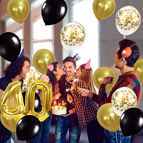 40th Black Gold Party Decoration, Happy Birthday Banner, Foil Fringe Curtains Number 40 Foil Balloon, Paper Dots Garland, Star Foil Balloons for Men Women Birthday Party Décor