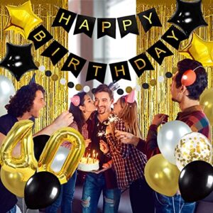 40th Black Gold Party Decoration, Happy Birthday Banner, Foil Fringe Curtains Number 40 Foil Balloon, Paper Dots Garland, Star Foil Balloons for Men Women Birthday Party Décor