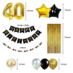 40th Black Gold Party Decoration, Happy Birthday Banner, Foil Fringe Curtains Number 40 Foil Balloon, Paper Dots Garland, Star Foil Balloons for Men Women Birthday Party Décor