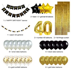 40th Black Gold Party Decoration, Happy Birthday Banner, Foil Fringe Curtains Number 40 Foil Balloon, Paper Dots Garland, Star Foil Balloons for Men Women Birthday Party Décor