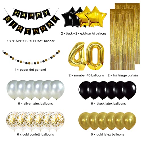 40th Black Gold Party Decoration, Happy Birthday Banner, Foil Fringe Curtains Number 40 Foil Balloon, Paper Dots Garland, Star Foil Balloons for Men Women Birthday Party Décor