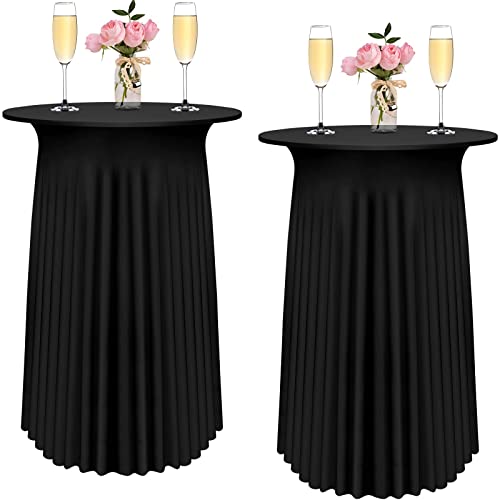 Juexica Cocktail Table Cover Round Cocktail Tablecloth with Skirt 32x43 Inch Spandex Tablecloth Fitted Table Covers Table Cloth for High Top Wedding Birthday Banquet Party (Black, 2 Pieces)