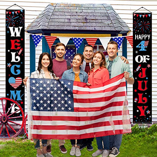 4th of July Banner Fourth of July Decorations Patriotic Porch Sign Black Independence Day Hanging Banner for Home Memorial Day Party, God Bless America (classic style)