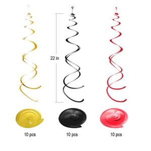 WEVEN Hanging Swirls Party Streamer Spiral Decorations for Ceiling (30pcs, Red, Black, Gold)