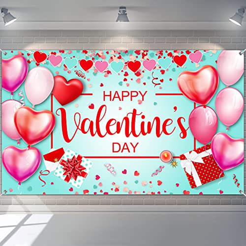 Happy Valentine's Day Backdrop Banner Polyester Valentines Backdrop Banner Large Valentine's Day Background Banner Decoration for Valentine Party Supplies and Decor (Mint Background)