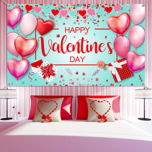 Happy Valentine's Day Backdrop Banner Polyester Valentines Backdrop Banner Large Valentine's Day Background Banner Decoration for Valentine Party Supplies and Decor (Mint Background)