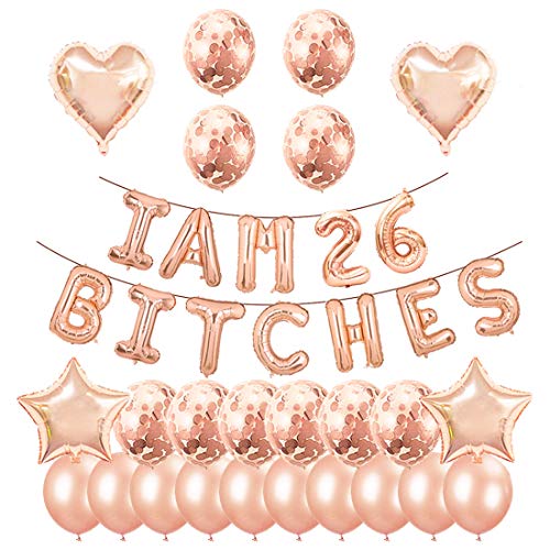 Santonila 26th Birthday Party Set-I am 26 Bitches Funny Banner Confetti Rose Gold Balloons for Girls 26 Years Old Birthday Decorations