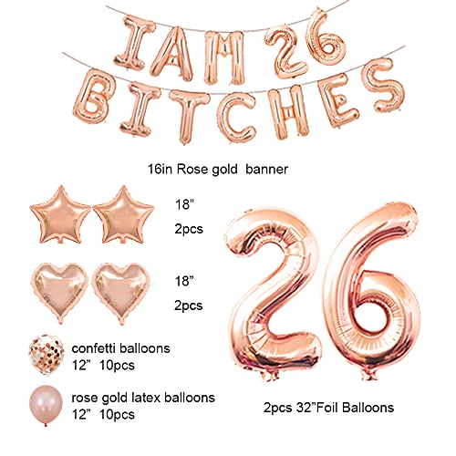 Santonila 26th Birthday Party Set-I am 26 Bitches Funny Banner Confetti Rose Gold Balloons for Girls 26 Years Old Birthday Decorations