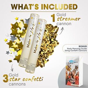 Confetti Cannon - 4 Pack Gold Confetti Party Poppers Confetti Shooters | 1x Streamer Poppers and 3x Star Confetti Poppers Bulk | Confetti Bomb Party Poppers for Celebrations | Confetti Gun for Birthday, Graduation, New Years Eve, Wedding, Photo Shoot, Gli