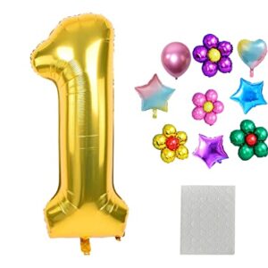 1Pcs 40 Inch Gold Number Balloon +3 Pcs Random Balloons, Number 1 Huge Digital Balloons (0-9), Foil Mylar Big Digital Number Balloon for Wedding, Christening, Anniversary, Birthday Decorations