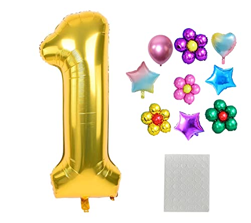 1Pcs 40 Inch Gold Number Balloon +3 Pcs Random Balloons, Number 1 Huge Digital Balloons (0-9), Foil Mylar Big Digital Number Balloon for Wedding, Christening, Anniversary, Birthday Decorations