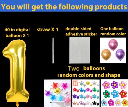 1Pcs 40 Inch Gold Number Balloon +3 Pcs Random Balloons, Number 1 Huge Digital Balloons (0-9), Foil Mylar Big Digital Number Balloon for Wedding, Christening, Anniversary, Birthday Decorations