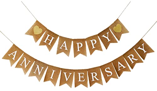 Shimmer Anna Shine Happy Anniversary Burlap Banner for Wedding Anniversary Decorations with Gold Glitter Hearts