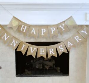 Shimmer Anna Shine Happy Anniversary Burlap Banner for Wedding Anniversary Decorations with Gold Glitter Hearts