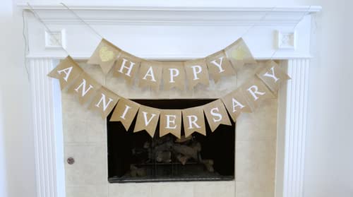 Shimmer Anna Shine Happy Anniversary Burlap Banner for Wedding Anniversary Decorations with Gold Glitter Hearts