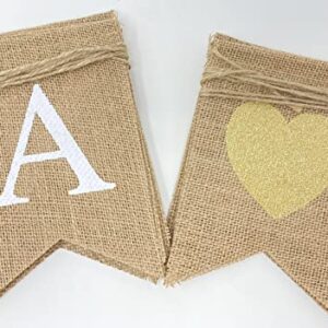 Shimmer Anna Shine Happy Anniversary Burlap Banner for Wedding Anniversary Decorations with Gold Glitter Hearts