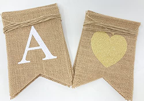 Shimmer Anna Shine Happy Anniversary Burlap Banner for Wedding Anniversary Decorations with Gold Glitter Hearts