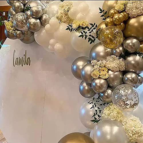 Beliueyes Balloon Garland Arch Kit 112 Pcs Metallic Golden, Metallic Silver and White Balloons Set for Wedding Birthday Bachelorette Engagements Anniversary Party Backdrop DIY Decorations