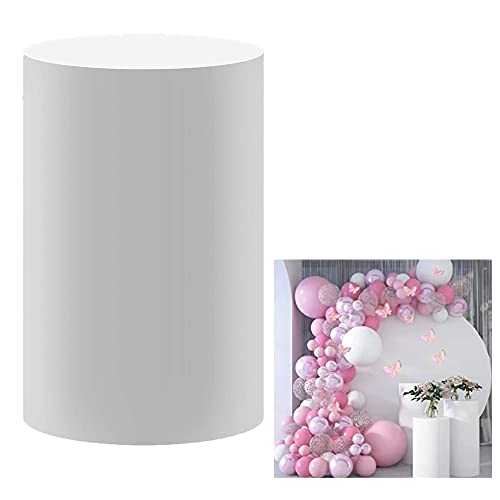 KONPON White Cylinder Cover,Plinth Cover with Elastic Band,Solid Color Polyester Cylinder Cover,Wedding Baby Shower Birthday Cake Table Props D36H75