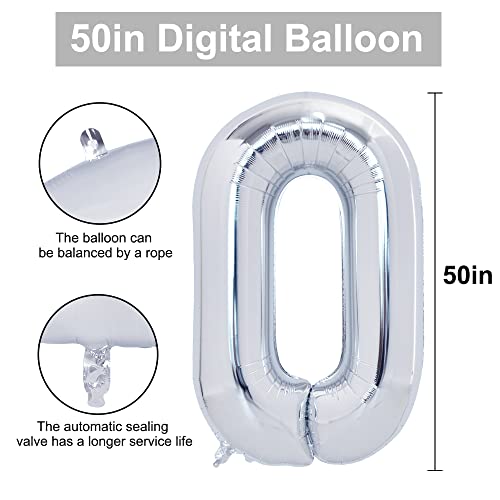 TONIFUL 50 Inch Large Silver Number Balloons 0-9, Foil Mylar Big Digital Balloon Number 0 Digit zero for Birthday Party, Wedding, Bridal Shower, Engagement, Photo Shoot, Anniversary (Silver zero)