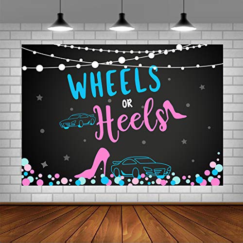 Wheels or Heels Gender Reveal Theme Party Photo Backdrop Boy or Girl Baby Shower Background Pink or Blue Gender Reveal Party Decorations Supplies Cake Table Banner Photo Studio Props 5x3ft