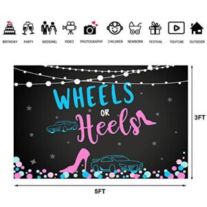 Wheels or Heels Gender Reveal Theme Party Photo Backdrop Boy or Girl Baby Shower Background Pink or Blue Gender Reveal Party Decorations Supplies Cake Table Banner Photo Studio Props 5x3ft