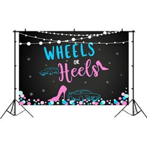 Wheels or Heels Gender Reveal Theme Party Photo Backdrop Boy or Girl Baby Shower Background Pink or Blue Gender Reveal Party Decorations Supplies Cake Table Banner Photo Studio Props 5x3ft