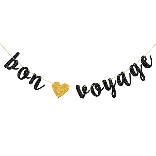 Black Glitter Bon Voyage Party Banner, Moving Away, Going Away, Retirement Party Decorations