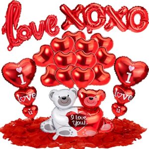 18 inch red heart shaped balloons 40 inch bear balloons love xoxo balloons and 1000 pieces red valentines rose petals for valentine’s day, anniversary romantic night decoration