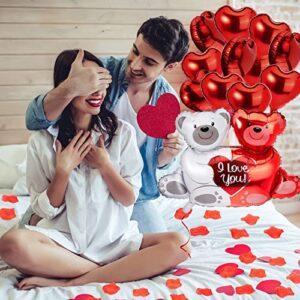 18 Inch Red Heart Shaped Balloons 40 Inch Bear Balloons Love Xoxo Balloons and 1000 Pieces Red Valentines Rose Petals for Valentine's Day, Anniversary Romantic Night Decoration