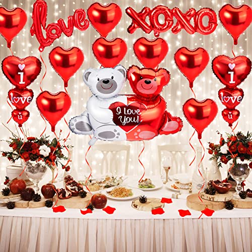 18 Inch Red Heart Shaped Balloons 40 Inch Bear Balloons Love Xoxo Balloons and 1000 Pieces Red Valentines Rose Petals for Valentine's Day, Anniversary Romantic Night Decoration