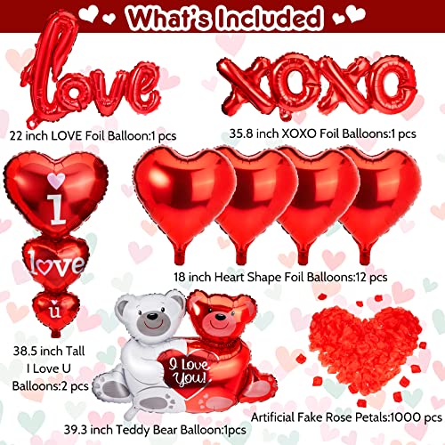 18 Inch Red Heart Shaped Balloons 40 Inch Bear Balloons Love Xoxo Balloons and 1000 Pieces Red Valentines Rose Petals for Valentine's Day, Anniversary Romantic Night Decoration