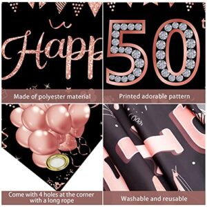 Happy 50th Birthday Banner Decorations for Women, Rose Gold 50 Birthday Sign Party Supplies, Glitter Fifty Birthday Backdrop Decor for Outdoor Indoor