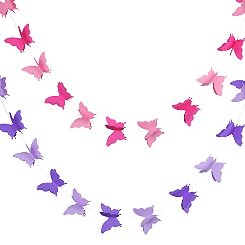 2 Pieces 3D Paper Butterfly Banner Hanging Decorative Garland for Wedding, Baby Shower, Birthday and Theme Decor, 118 Inches Long, Pink and Purple