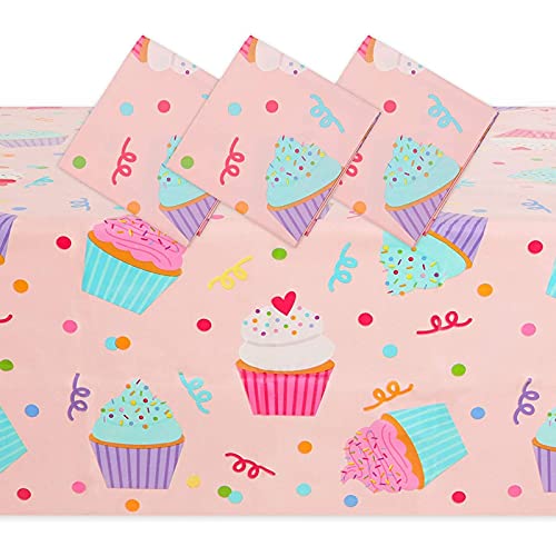 Pink Plastic Tablecloths for Cupcake Birthday Party (54 x 108 in, 3 Pack)