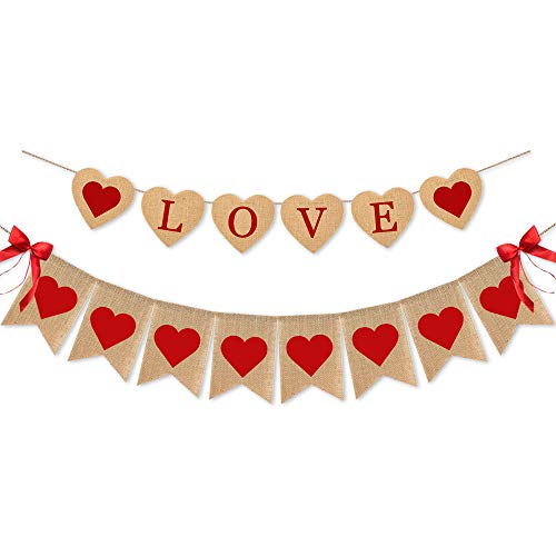 SWYOUN Burlap Love Banner with Heart for Valentines Day Wedding Party Anniversary Day Decorations Supplies