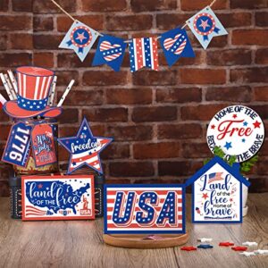 12 Pcs 4th of July Tiered Tray Decor Patriotic Decorations Independence Day Mini Sign Gnomes Plus Bead Garland Red White Blue Wood Signs Items Farmhouse Decor for Home Memorial Day (Delicate Style)