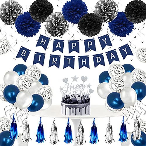 MOVINPE Navy Blue Birthday Decoration Man Balloon, Inclu. Happy Birthday Banner Blue Silver Confetti Balloons Paper Pom Pom Hanging Swirl Tassels Bunting Cake Toppers Ribbon Boy Women