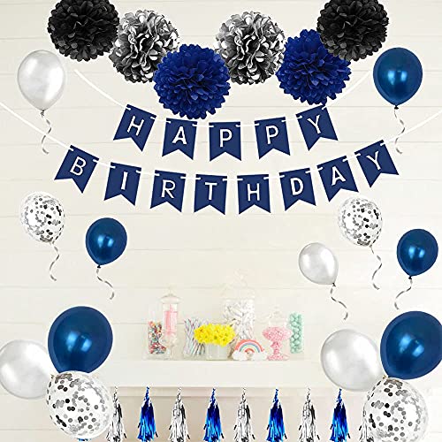 MOVINPE Navy Blue Birthday Decoration Man Balloon, Inclu. Happy Birthday Banner Blue Silver Confetti Balloons Paper Pom Pom Hanging Swirl Tassels Bunting Cake Toppers Ribbon Boy Women