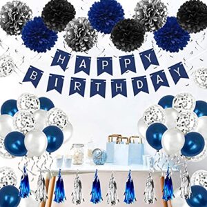 MOVINPE Navy Blue Birthday Decoration Man Balloon, Inclu. Happy Birthday Banner Blue Silver Confetti Balloons Paper Pom Pom Hanging Swirl Tassels Bunting Cake Toppers Ribbon Boy Women