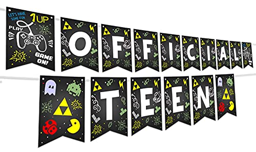 Official Teen Banner Video Games 13th Birthday Theme Gamepad Party Decor Picks for 13 Years Old Decorations Supplies