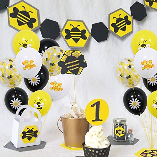 40Pcs Happy Bee Day Balloons Decor, Bumblebee Dots Daisy Flower Balloon Confetti Latex Balloons for Honey Bee Themed Birthday Party Baby Shower What Will It Bee Gender Reveal Graduation Party Supplies