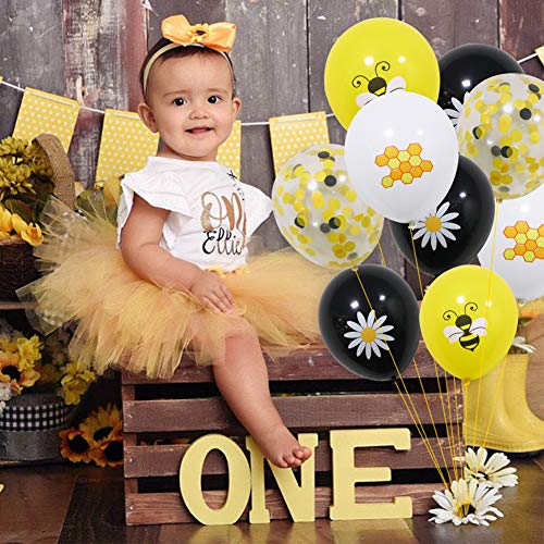 40Pcs Happy Bee Day Balloons Decor, Bumblebee Dots Daisy Flower Balloon Confetti Latex Balloons for Honey Bee Themed Birthday Party Baby Shower What Will It Bee Gender Reveal Graduation Party Supplies