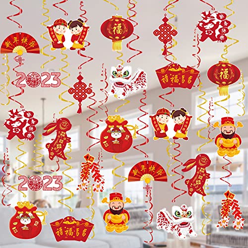 36 PCS Chinese New Year Decorations Hanging Swirls - 2023 Year of The Rabbit Ceiling Hanging for Home Office - Happy Lunar New Year Party Swirl Decor, NYE Party Decorations Supplies