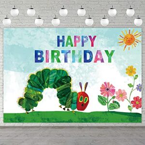 cartoon very hungry little green caterpillar happy birthday banner backdrop insects theme decor for 1st birthday party baby shower photo studio booth props background supplies favors decorations