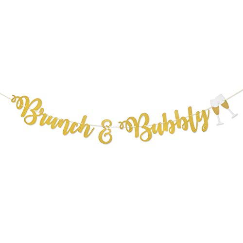 Finseng Brunch & Bubbly Gold Glitter Banner Sign Garland Pre-Strung for Bridal Brunch Shower Bachelorette Party Champagne Bubbly Bar